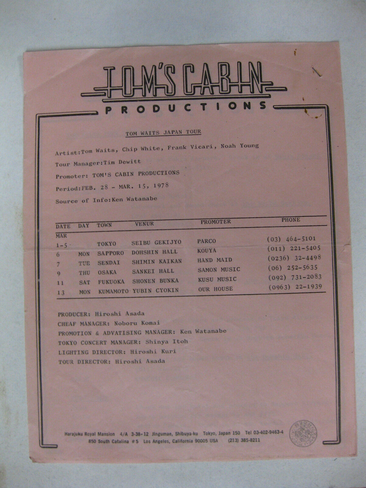 Tom Waits Japanese Tour 1978 | Concerts Wiki | Fandom