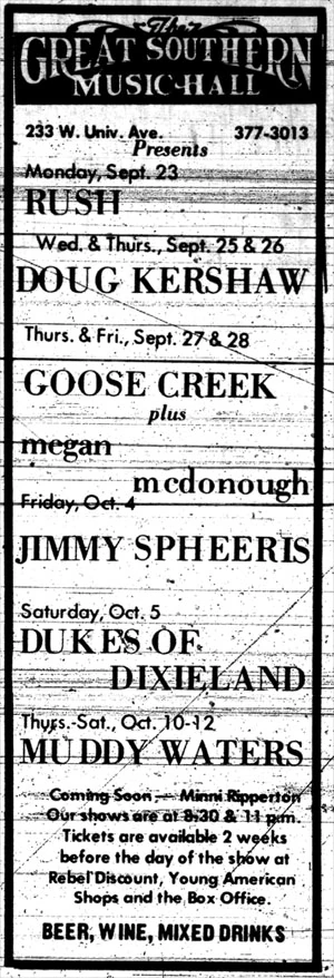 September 23, 1974 Great Southern Music Hall, Gainesville, FL ...