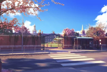 Exterior del campus con autobús | Wiki Corazón de melón | Fandom