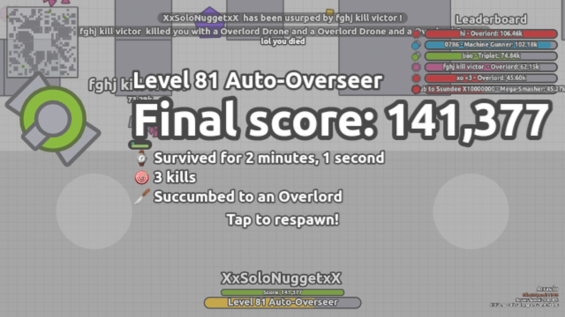 Highest score I have ever got on arras.io on my phone as an overseer ...