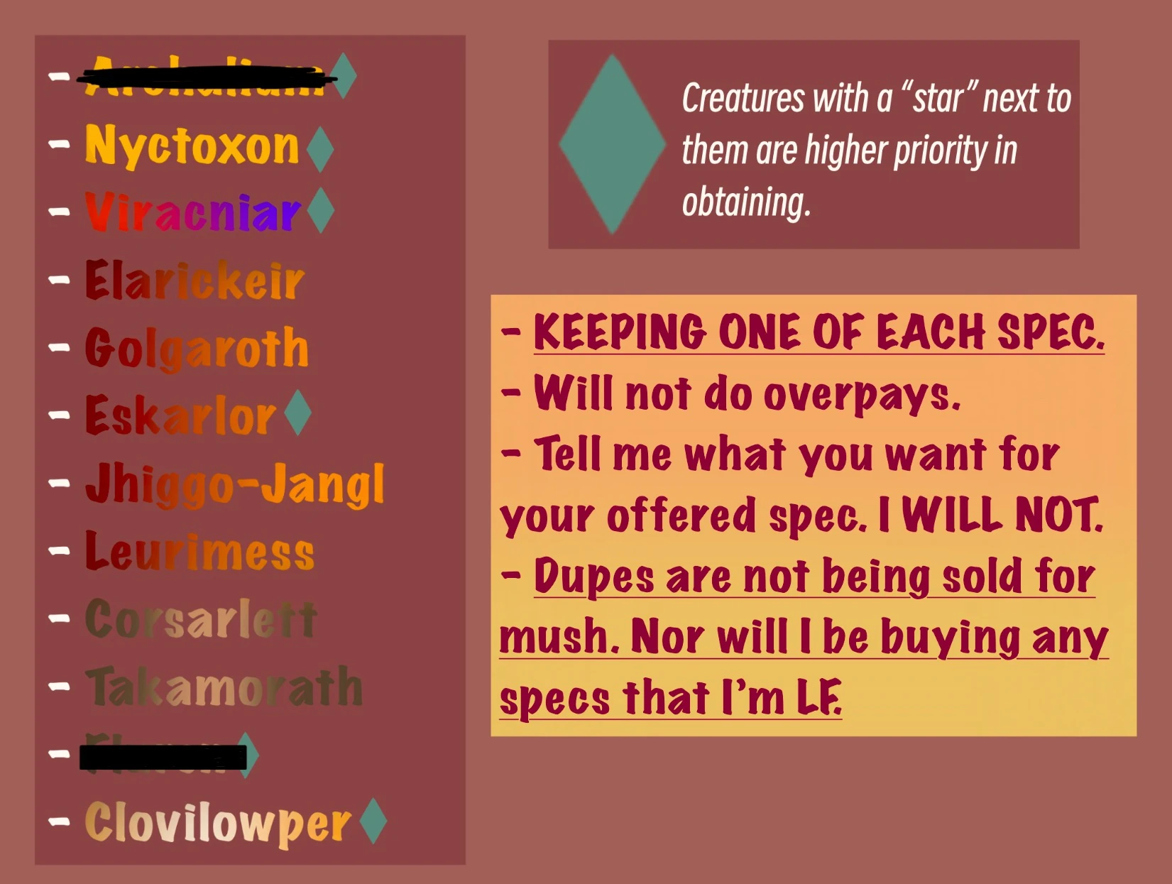 Trading Dupes for missing Specs | Fandom