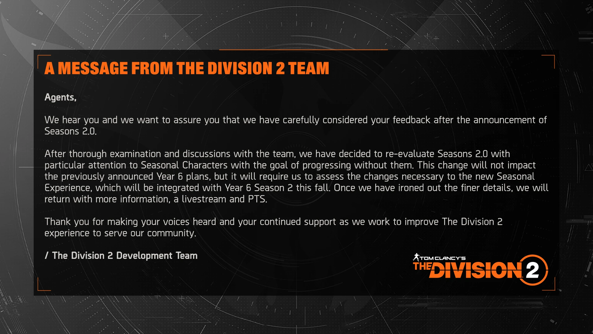 An update about Seasons 2.0 from The Division 2 team | Fandom