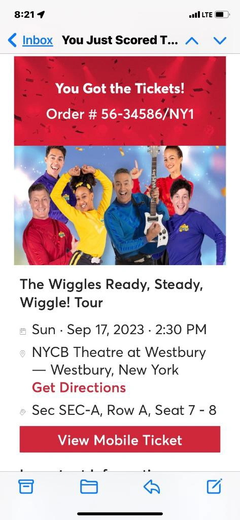We got tickets We’re going to see The Wiggles front row seats The ...