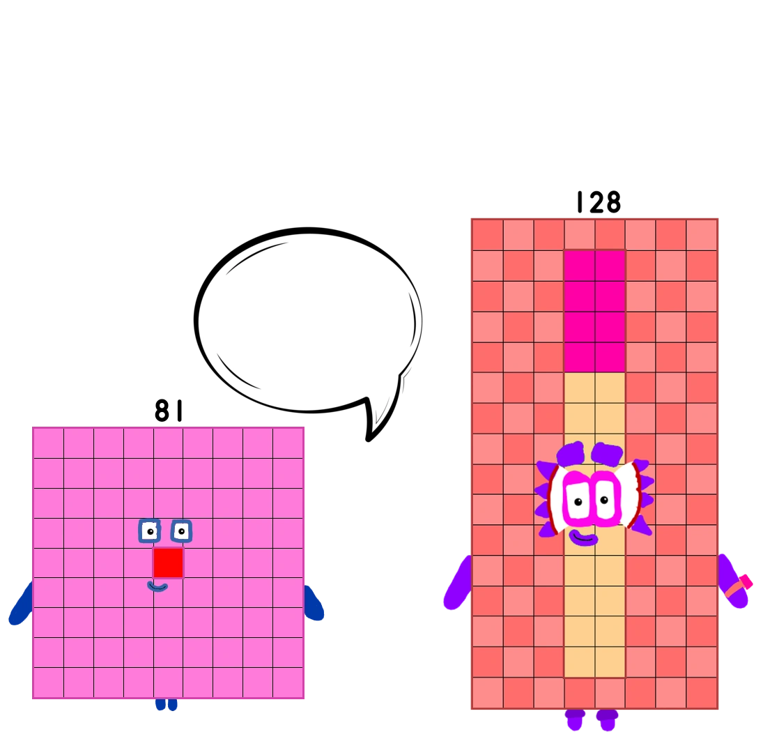 Numberblocks 81 tells Numberblocks 128 how many blocks less is him from ...