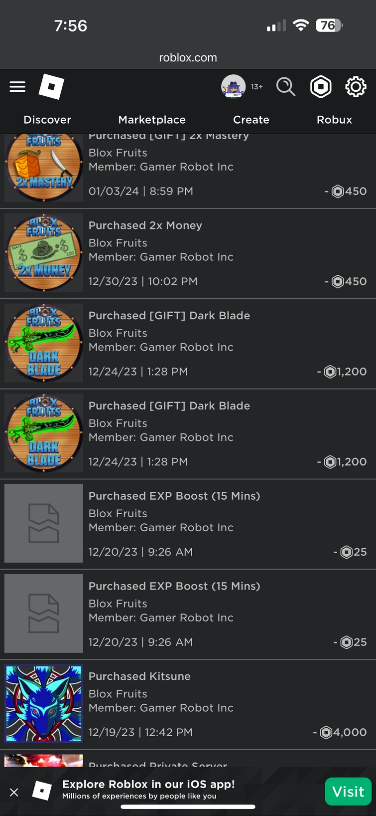 I had purchased in-game items using robux but I didn’t receive it and ...