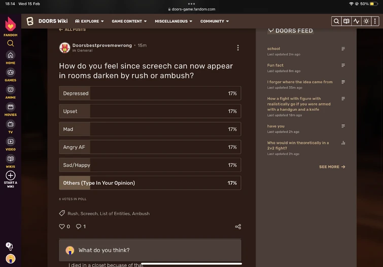 How do you feel since screech can now appear in rooms darken by rush or ambush? | Fandom