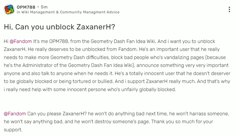 I reported the unfair global block from ZaxanerH to Fandom | Fandom