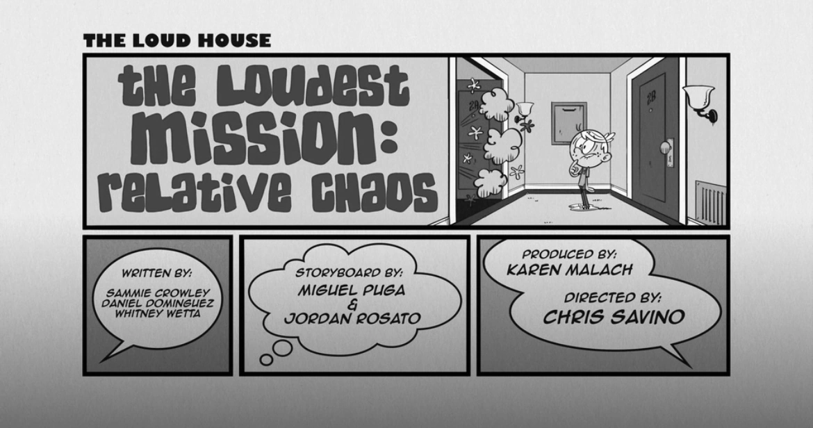 The loudest mission: relative chaos title card in black and white style ...