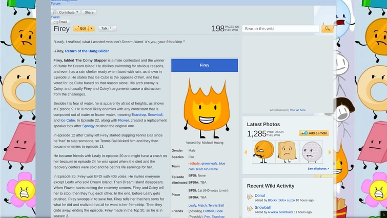 The BFDI Wiki in 2012 (used with The Wayback Machine) | Fandom