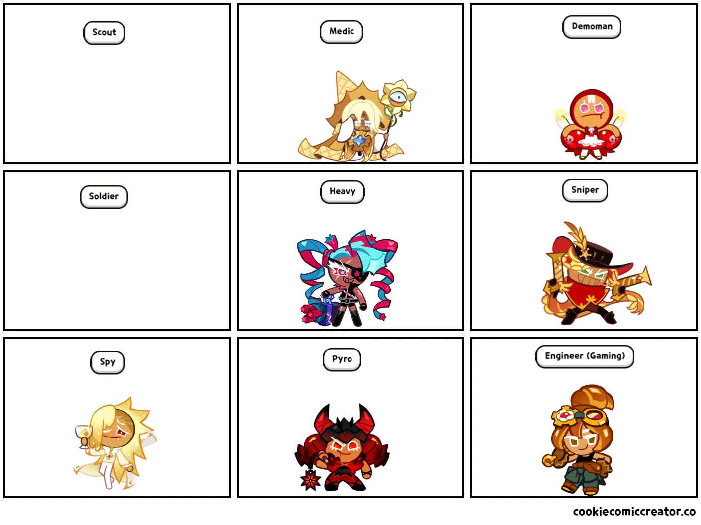 The TF2 classes, as cookies (please add)(also based on what they DO ...