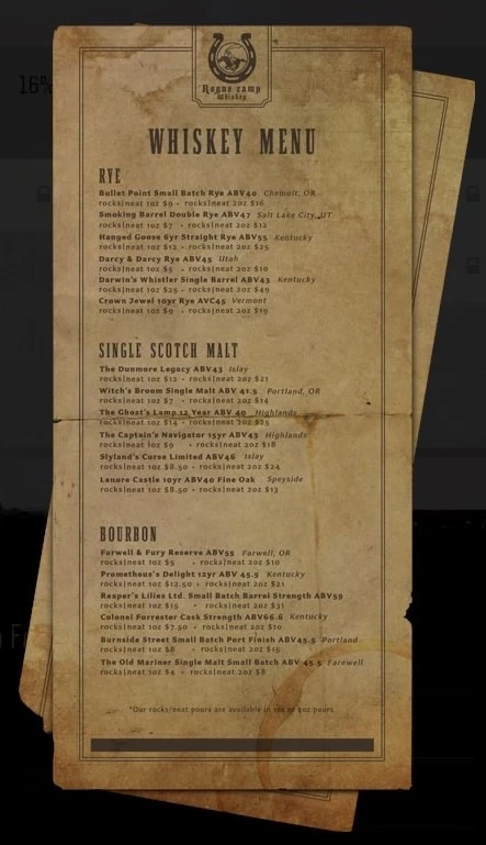 Rogue Camp Whiskey Menu | Days Gone Wiki | Fandom