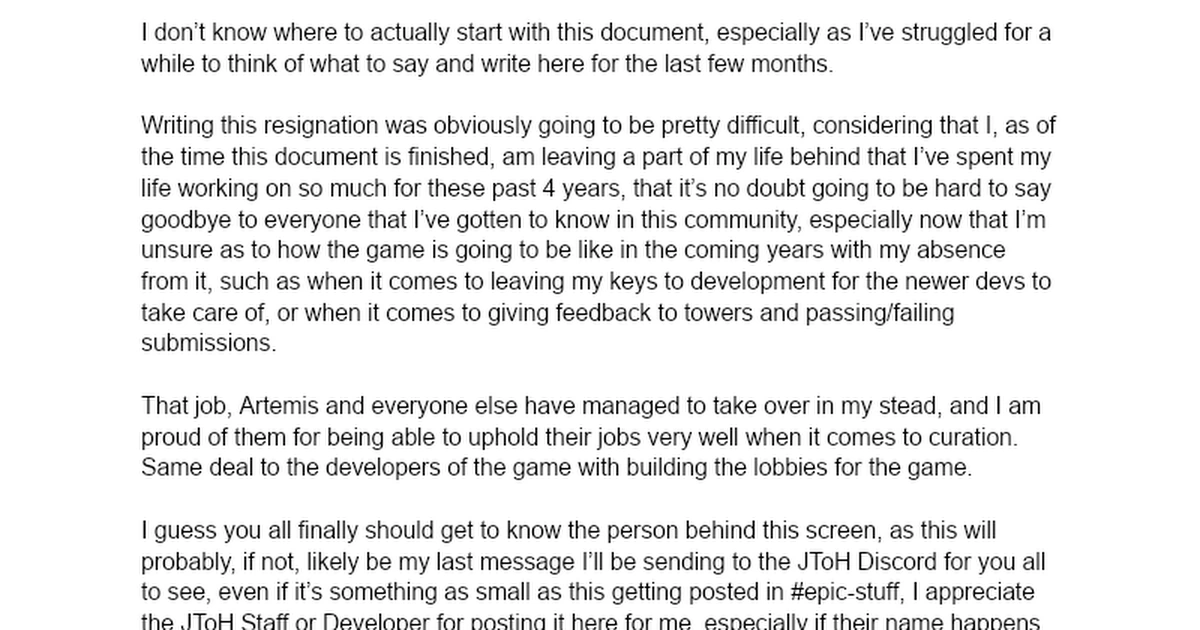 Lightsynth wrote an "official resignation from JToH" | Fandom