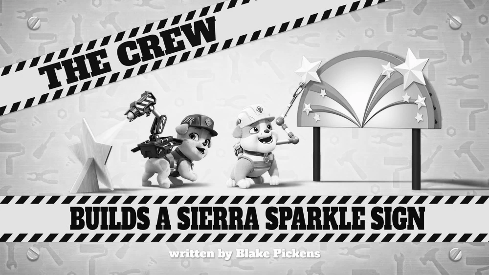 The crew builds a sierra sparkle sign title card in black and white ...