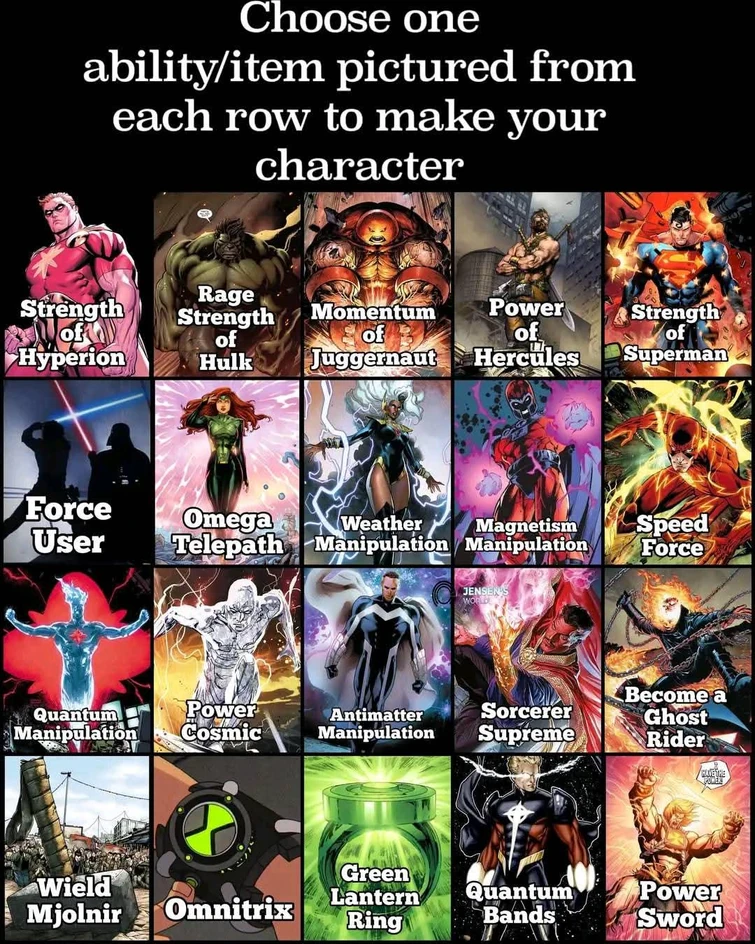 Choose one ability/item pictured from each row to make your character ...