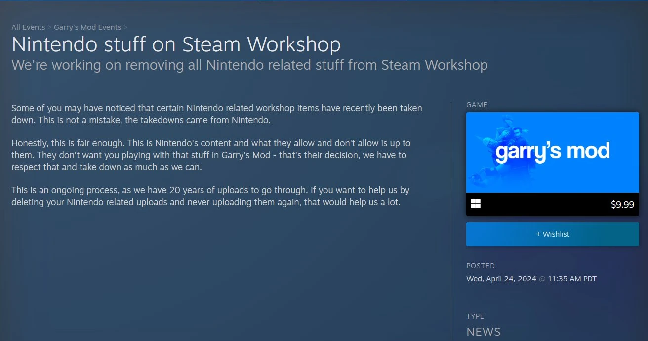 Gmod are going to remove EVERY Nintendo related thing due to a ...