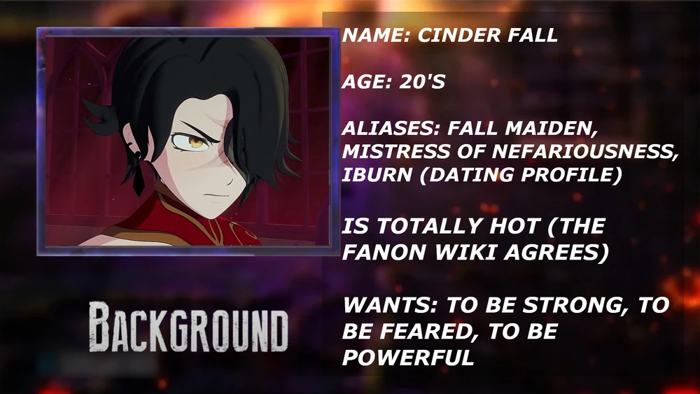Cinder Fall vs Bob Bobowski | Death Battle Fanon Wiki | Fandom