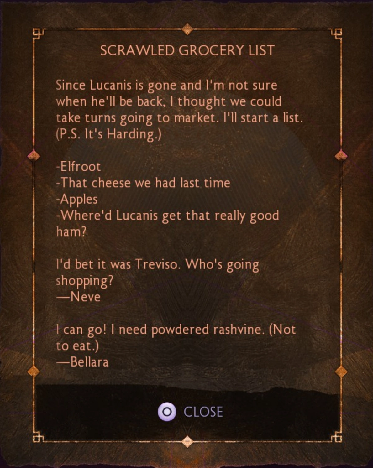 Note: Scrawled Grocery List | Dragon Age Wiki | Fandom