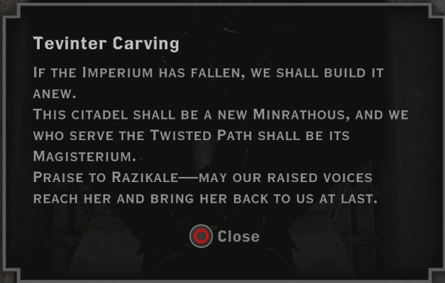 Note: Tevinter Carving (Razikale's Reach) | Dragon Age Wiki | Fandom