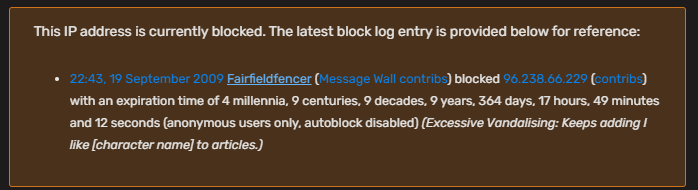 So, I was scrolling through the ban list and saw this | Fandom