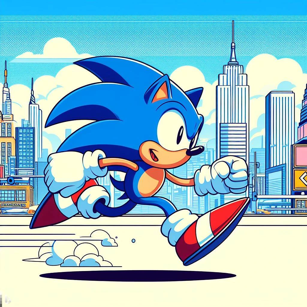Classic Sonic running through cities, by Bing AI | Fandom