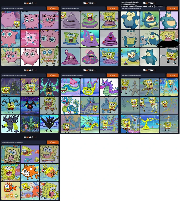 I dunno, made some fusions of Spongebob and Pokemon using Craiyon. | Fandom