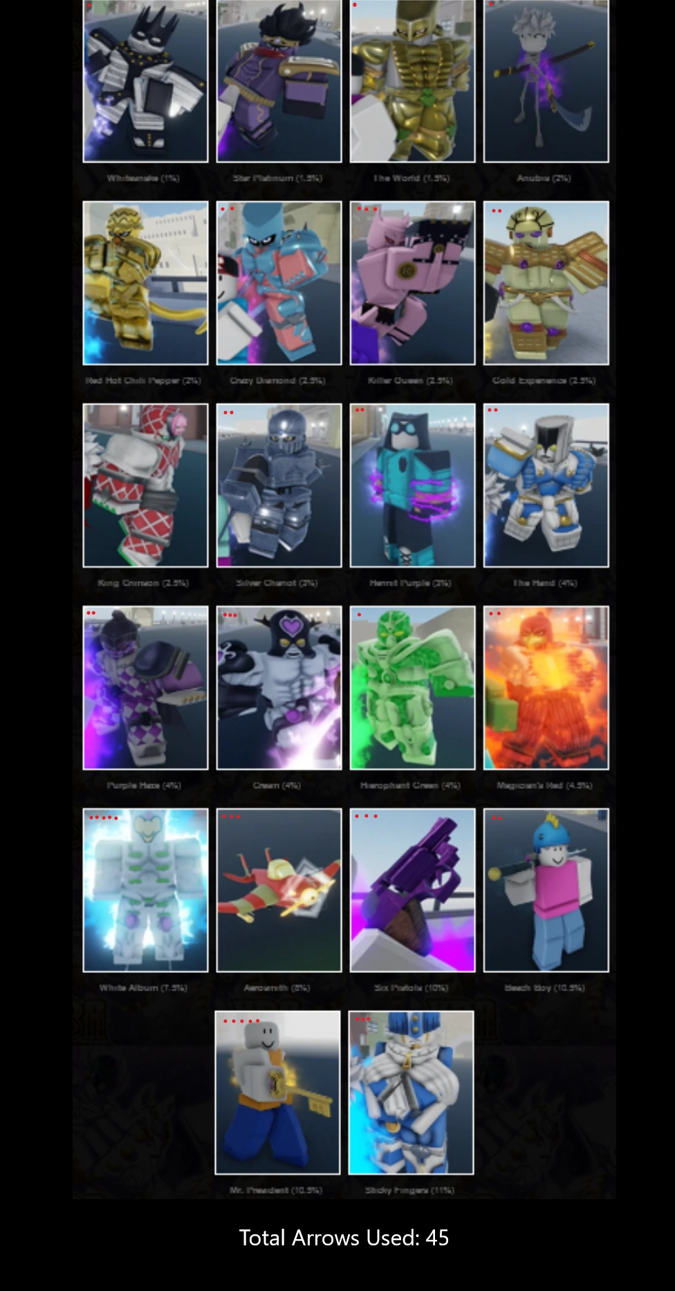 While I grinded for Whitesnake I made a list of all the stands I got in ...