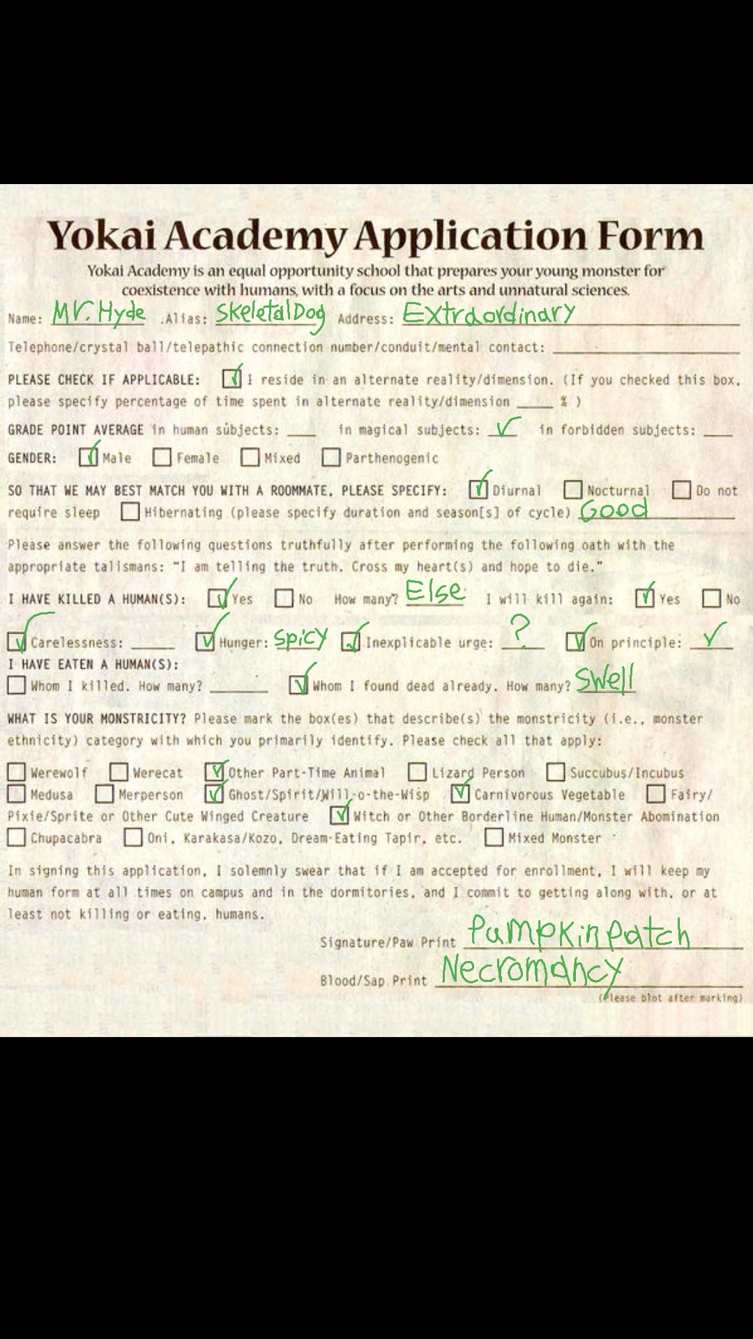 Yokai Academy Application Form Mr. Hyde from Nightmare Before Thriller | Fandom