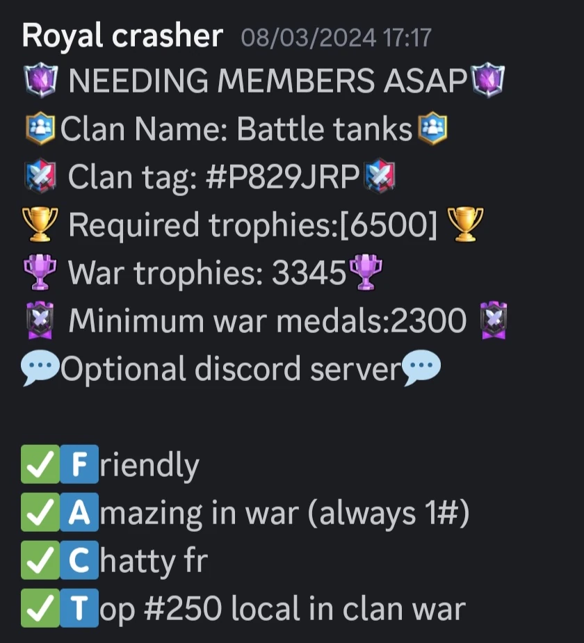 Hey I'm looking for members here are the requirements and details ...
