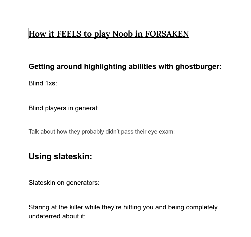 Here's a "script" I made for How it FEELS to play Noob in FORSAKEN | Fandom
