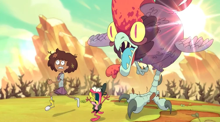 Anne and sprig being chased by a giant chicken from different views ...