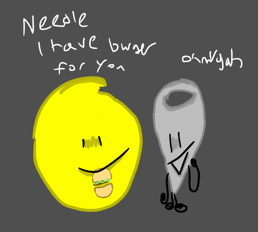 Yellow Face giving a burger to Needle | Fandom