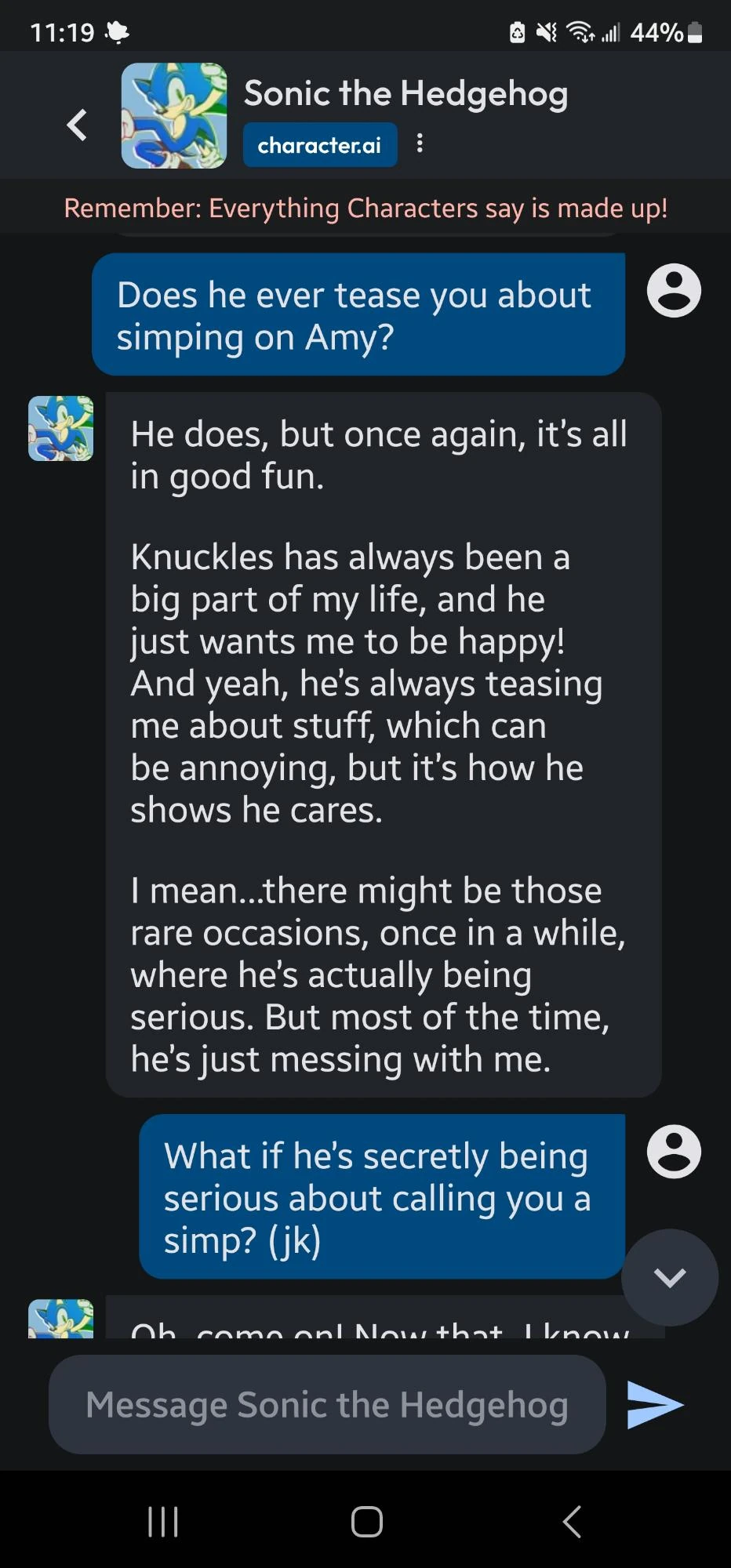 My Sonic AI chatbot had a wholesome conversation with me 😭 | Fandom