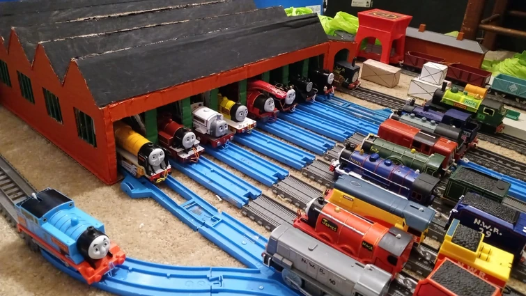 An assortment of engines at Knapford Sheds | Fandom