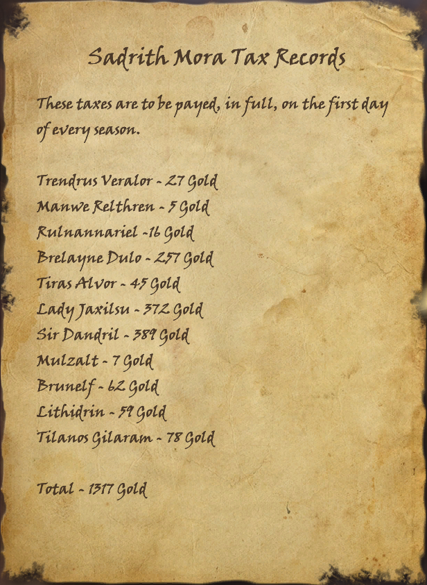 Sadrith Mora Tax Records | Elder Scrolls | Fandom Sadrith Mora Tax Records | Elder Scrolls | Fandom