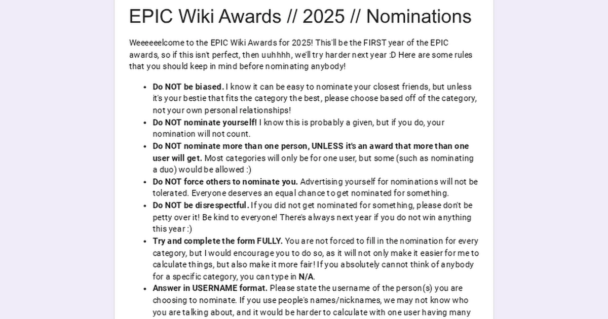 2025 EPIC Wiki Awards // Nominations | Fandom