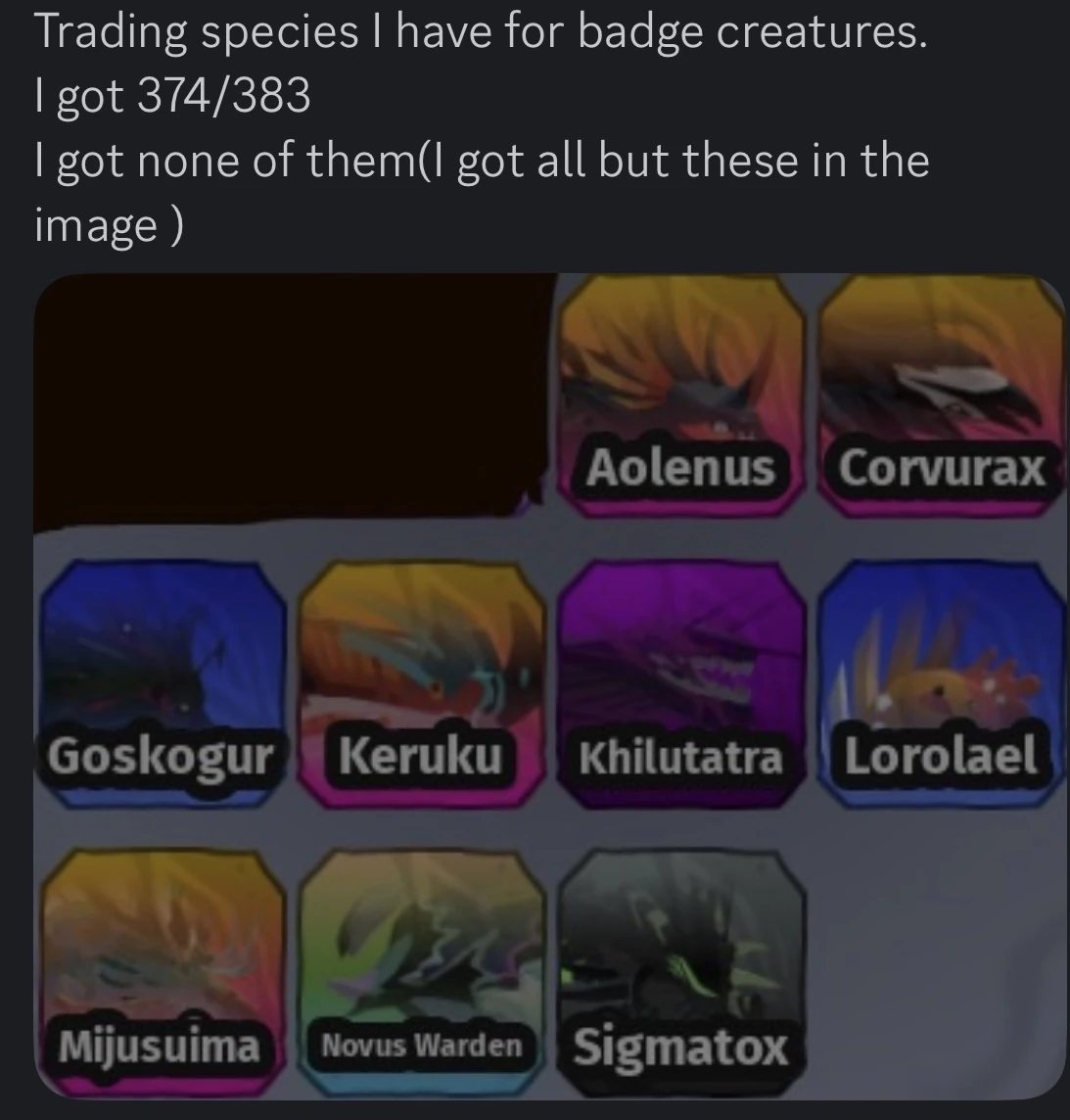 Lf badge creatures. I got all creatures in game but the ones in this ...