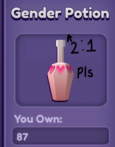 Trading 2 gender potion for one shuffle potion (total I got x80+) | Fandom