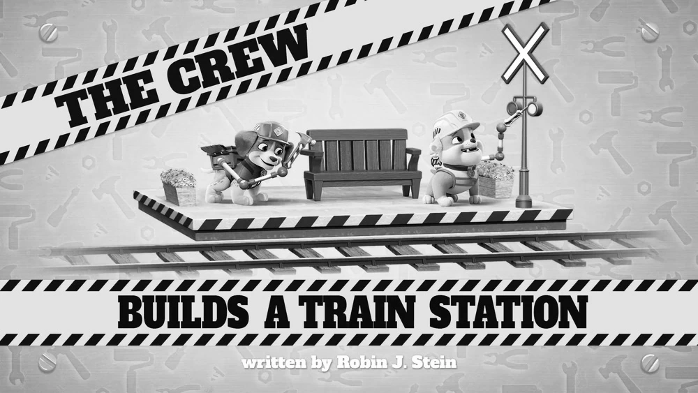 The crew builds a train station title card in black and white style ...