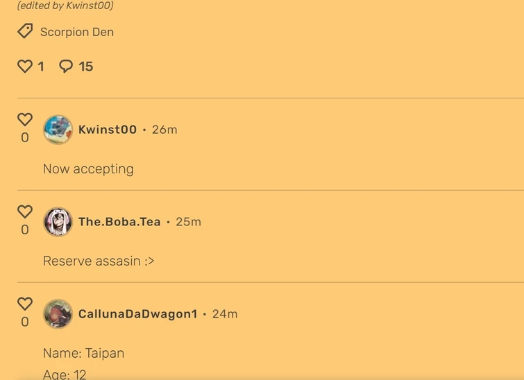 Scorpion den/not started/allowing forms | Fandom