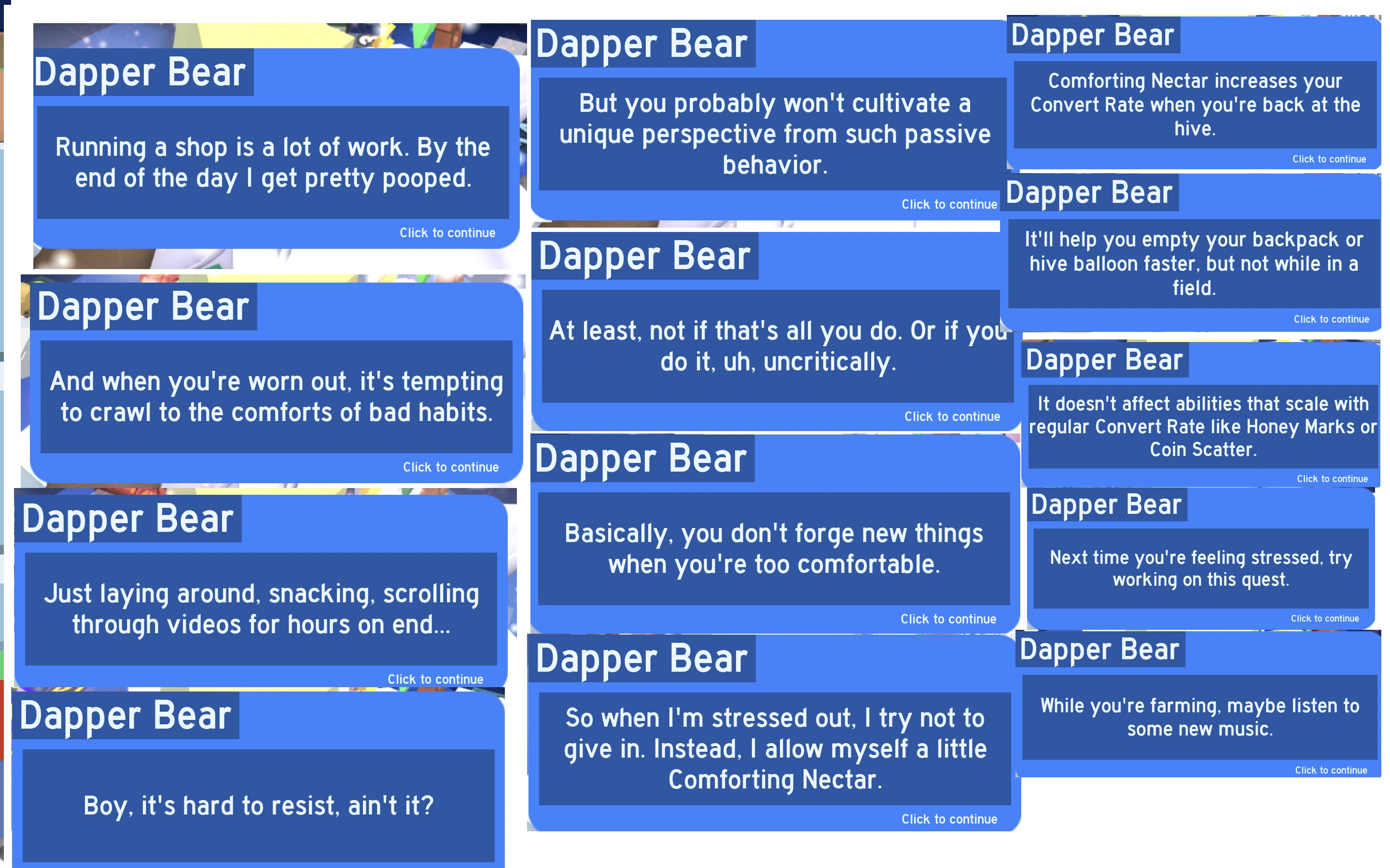 Dapper bear: Creative Comforts quest dialouge(By the way the read from top bottom not left to ...