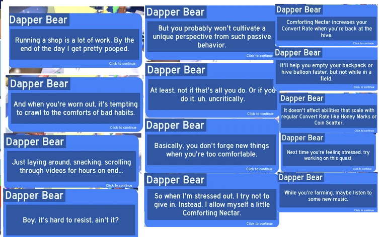 Dapper bear: Creative Comforts quest dialouge(By the way the read from top bottom not left to ...