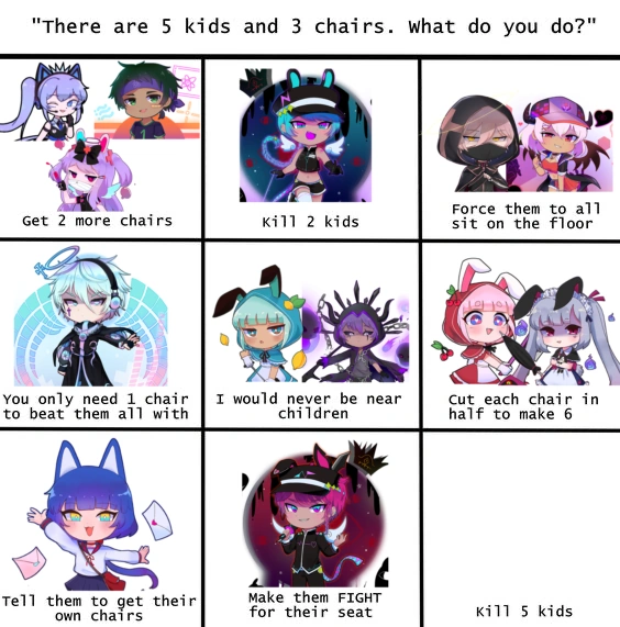 3 Chairs, 5 Kids Meme | Fandom
