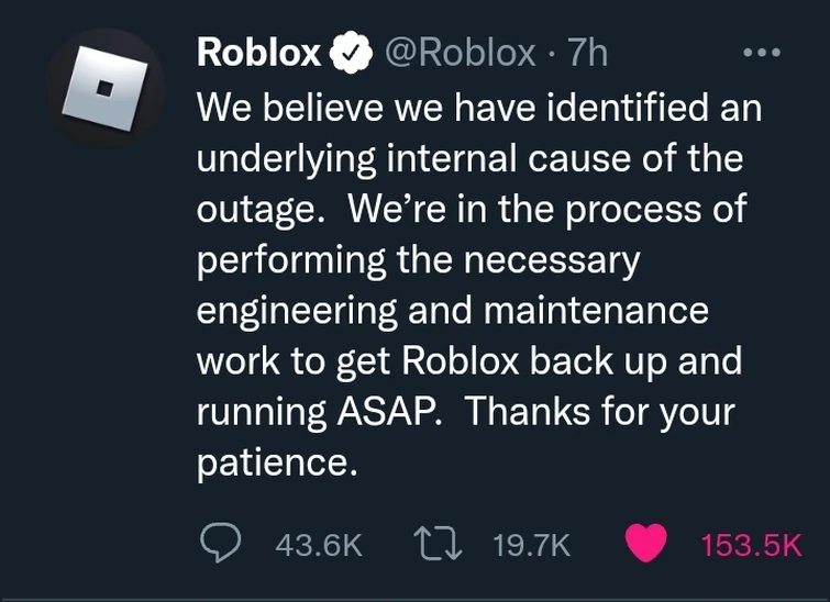 Roblox new tweets about the shut down | Fandom