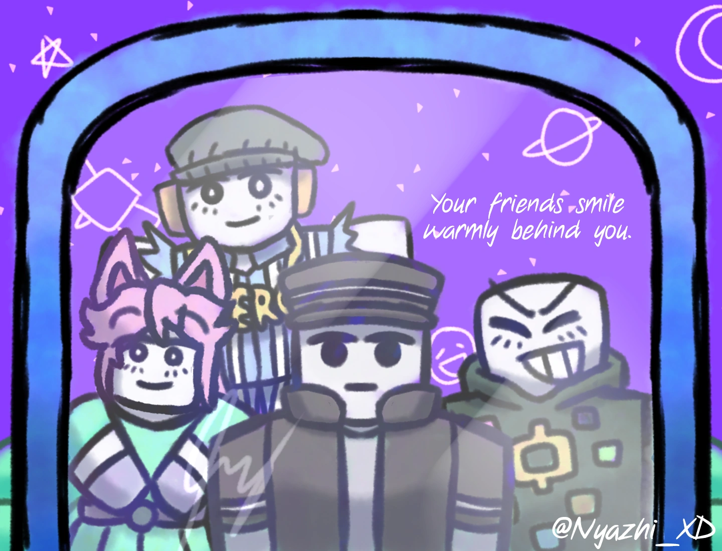 A floating mirror. Your friends smile warmly behind you. | Fandom