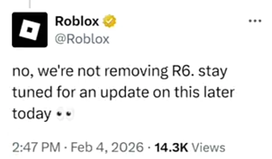 Roblox confirms that R6 is not getting removed, replying to KreekCraft ...