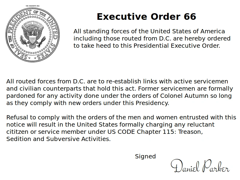 Executive Order 66 | Fallout Gravel Pit Wikia | Fandom