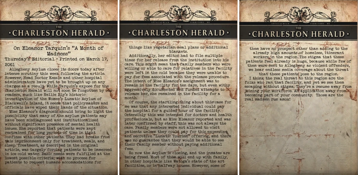 Herald editorial on Allegheny Asylum | Fallout Wiki | Fandom