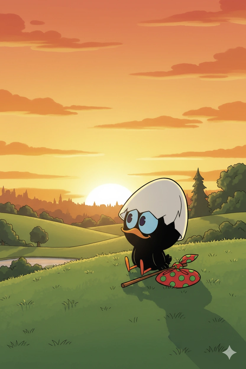 Calimero is sitting on the park to sees the sunset with the same ...