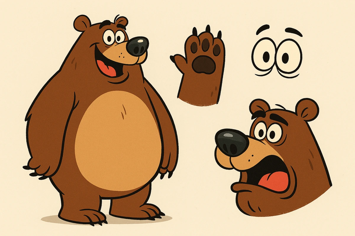 A cartoon model sheet featuring an animal character of a very big bear ...