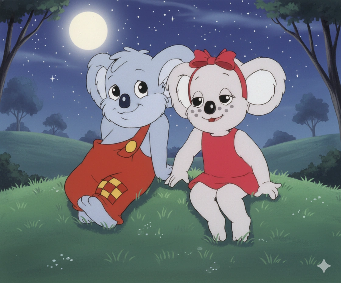 Blinky Bill and Myrtle Koala were sat on the grass at romantic night by ...